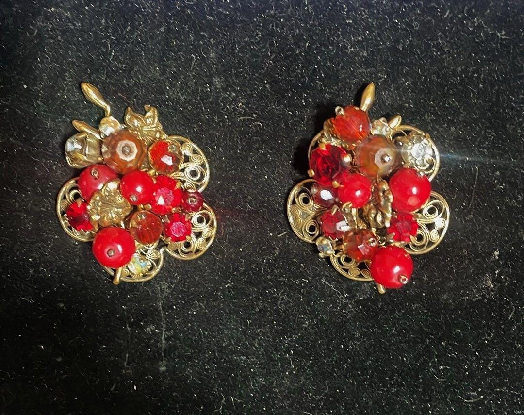 Vintage Hattie Carnegie Red Earings Baubbles, Glass, and AB Rhinestones ...
