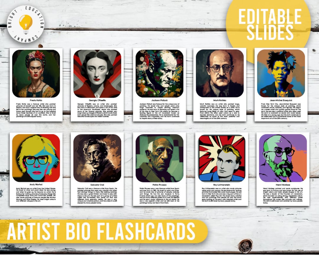 Artist Bio Flashcards • 21 Editable Art Education Flash Cards ...