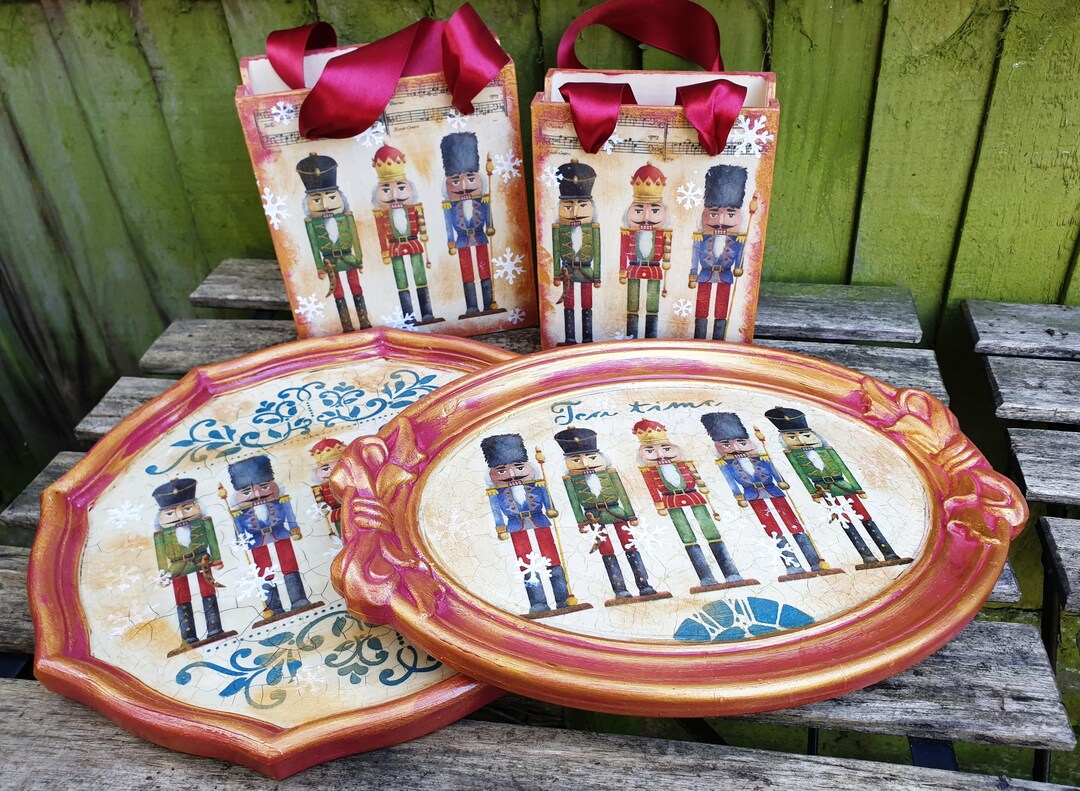 Vintage Nutcracker Christmas Tray,red Crackle Wooden Holiday Decor ...