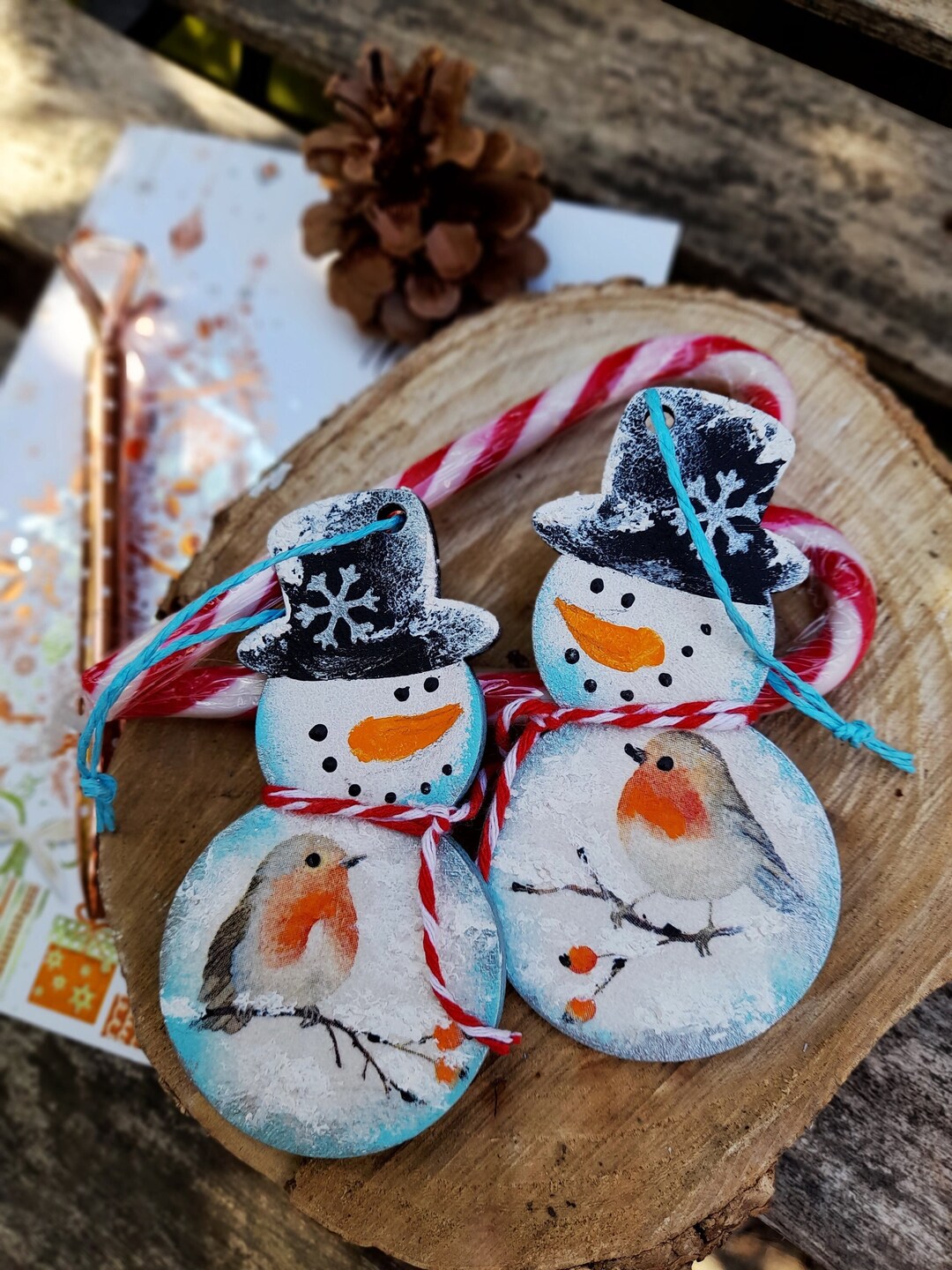 SNOWMAN ROBIN Christmas Ornament,wooden Snowman Hanging Decoration ...