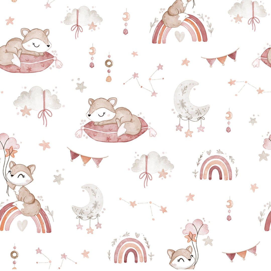 Fox Watercolor Rainbow Pink Fabric by the Meter Cotton Oeko-tex,fox ...