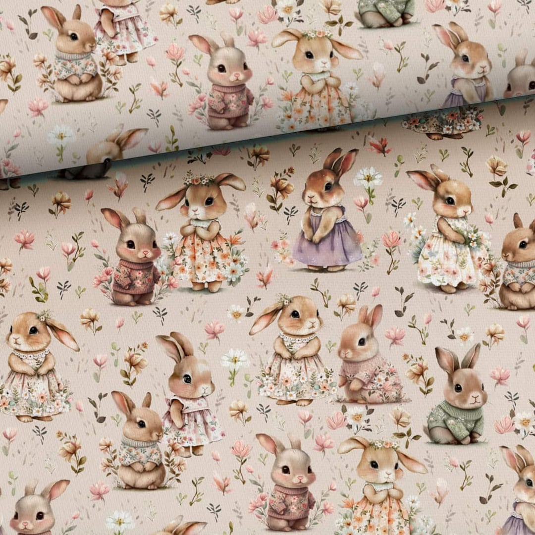Bunny Premium Cotton Fabric-flower Fabric-sweet Bunnies in Flowers-cute ...