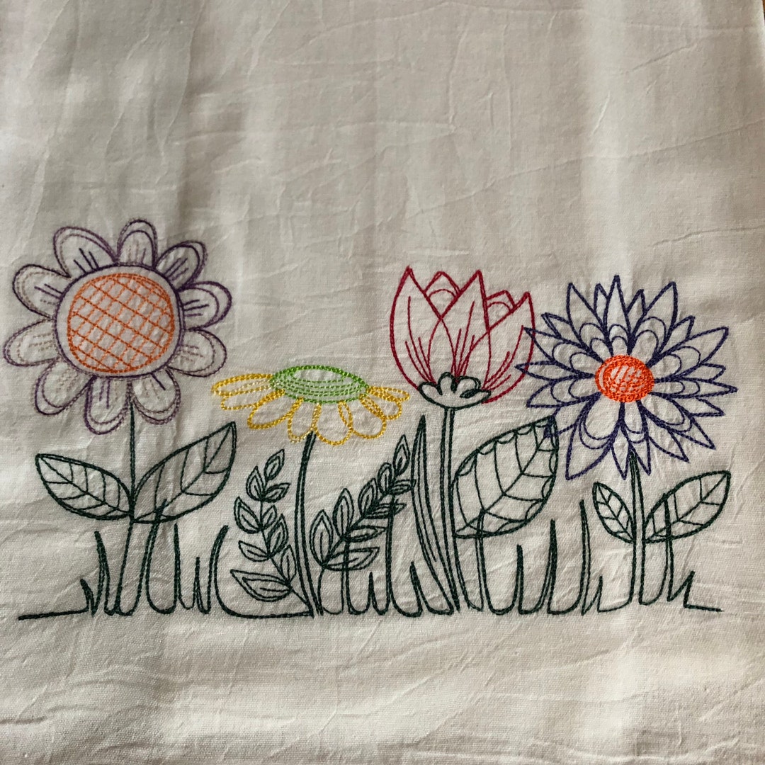 Pretty Flower Border Embroidered Flour Sack Tea Towel. Environmentally ...