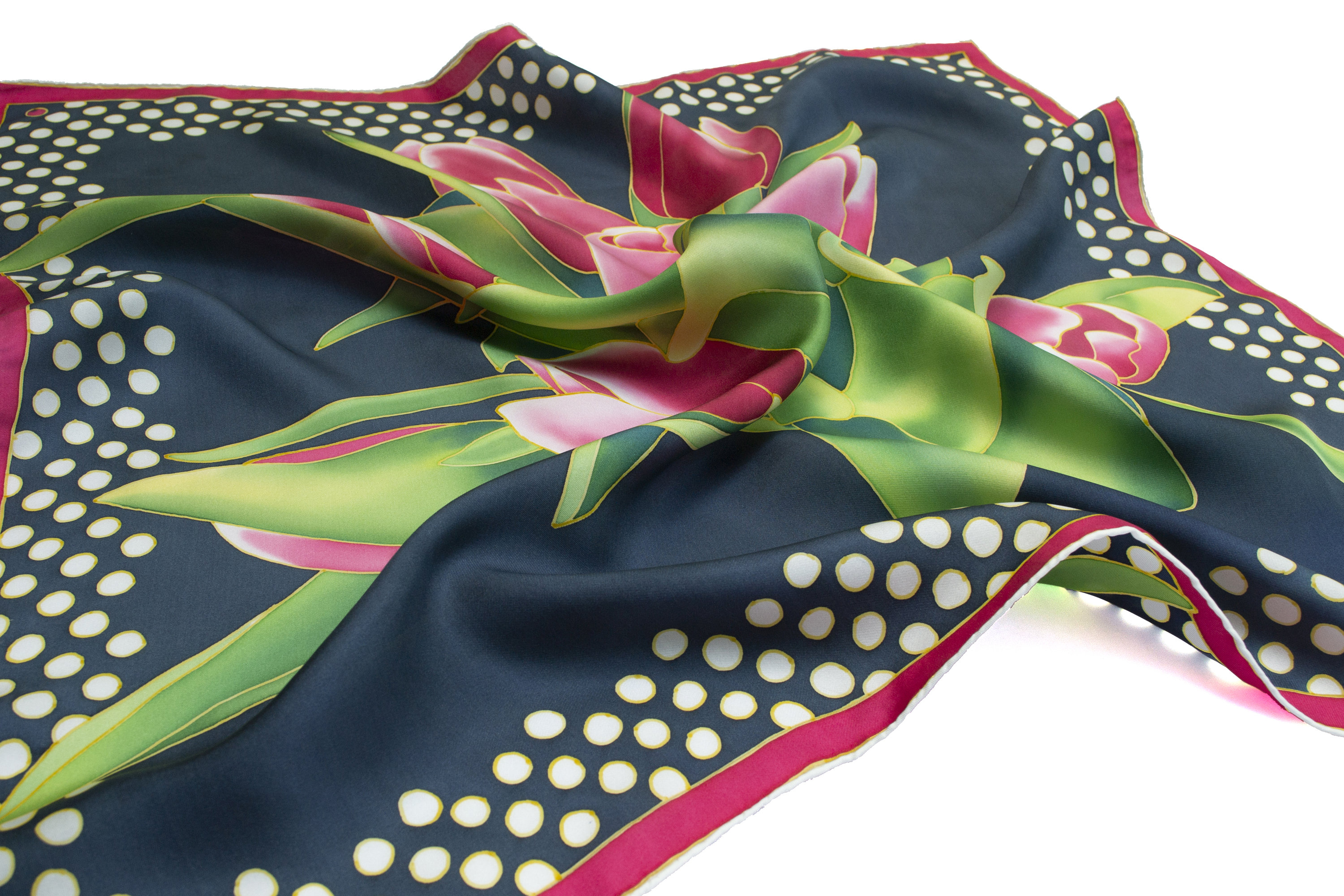 Hand Painted Navy Blue Silk Square Neck Scarf With Tulips and Polka Dot ...