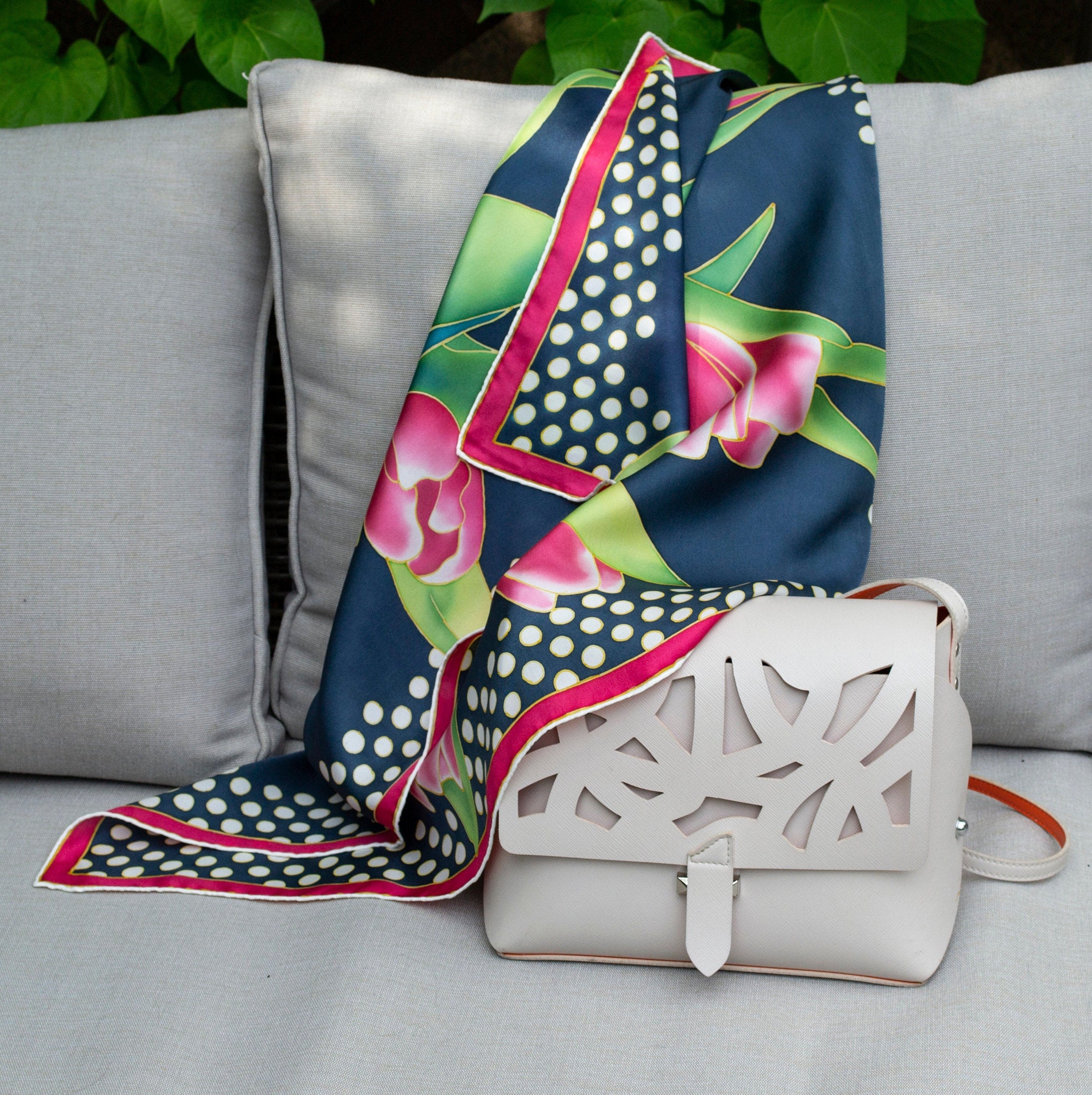 Hand Painted Navy Blue Silk Square Neck Scarf With Tulips and Polka Dot ...