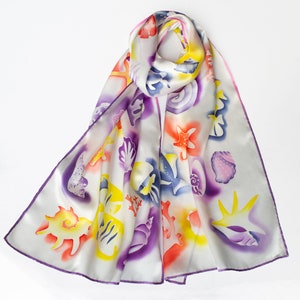 Hand Painted Long Silk Scarf With Seashells and Fishes, White and ...