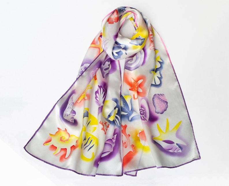 Hand Painted Long Silk Scarf With Seashells and Fishes, White and ...