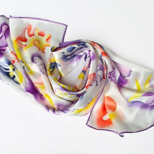 Hand Painted Long Silk Scarf With Seashells and Fishes, White and ...