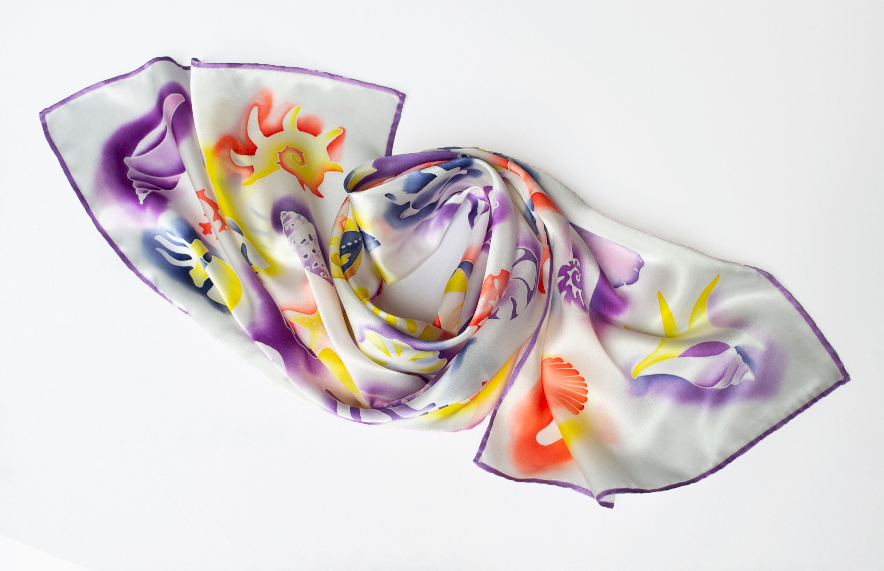 Hand Painted Long Silk Scarf With Seashells and Fishes, White and ...