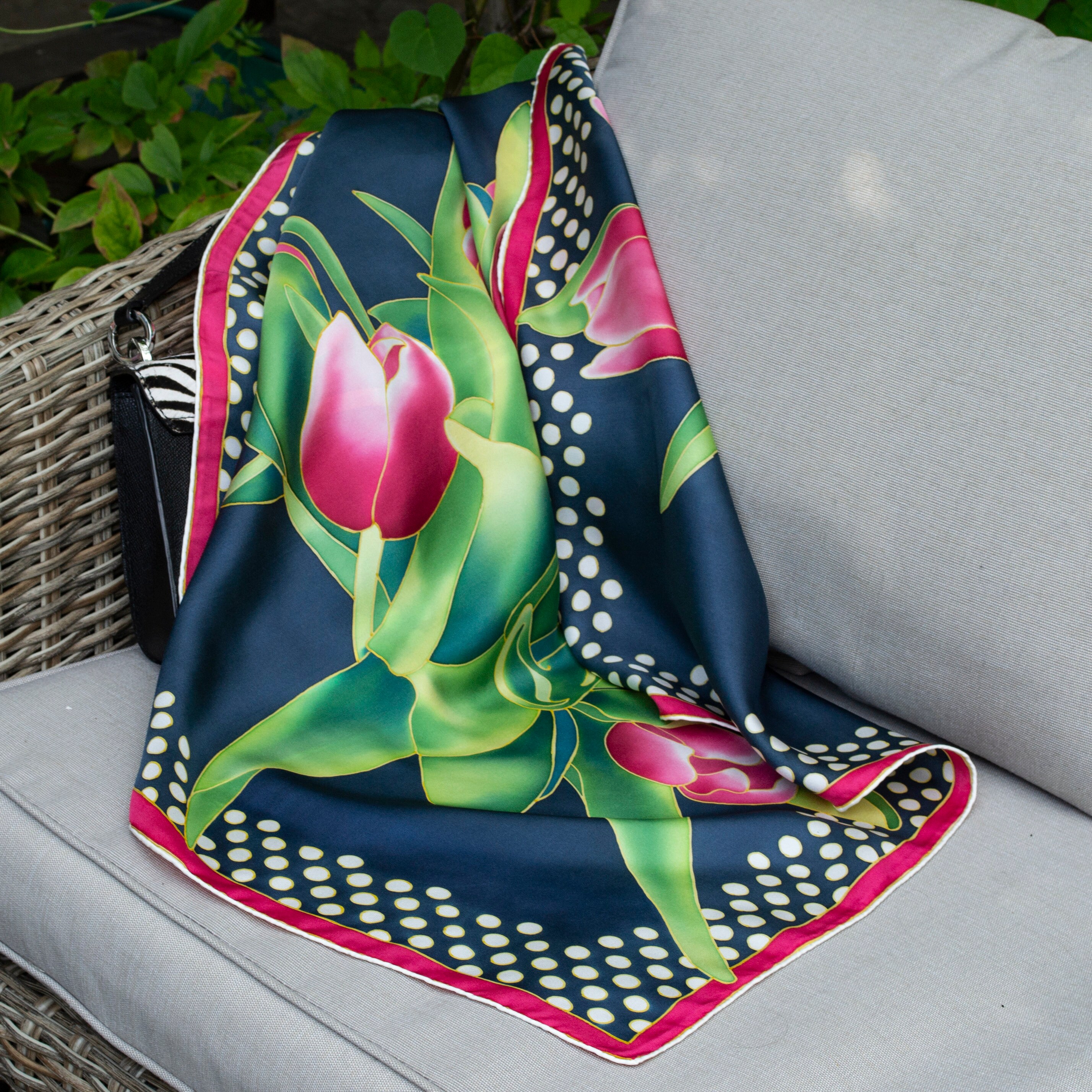 Hand Painted Navy Blue Silk Square Neck Scarf With Tulips and Polka Dot ...