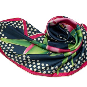 Hand Painted Navy Blue Silk Square Neck Scarf With Tulips and Polka Dot ...