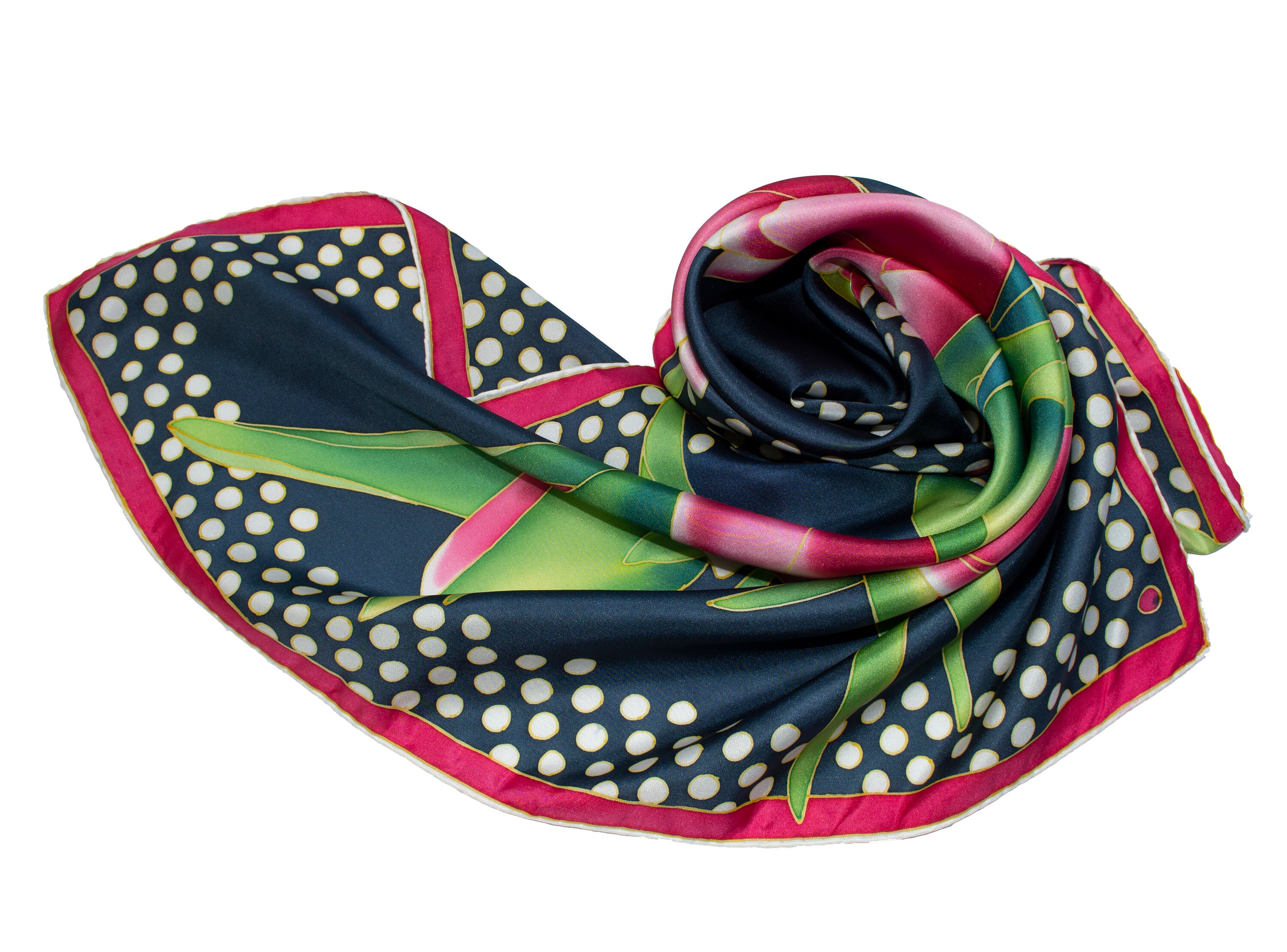 Hand Painted Navy Blue Silk Square Neck Scarf With Tulips and Polka Dot ...