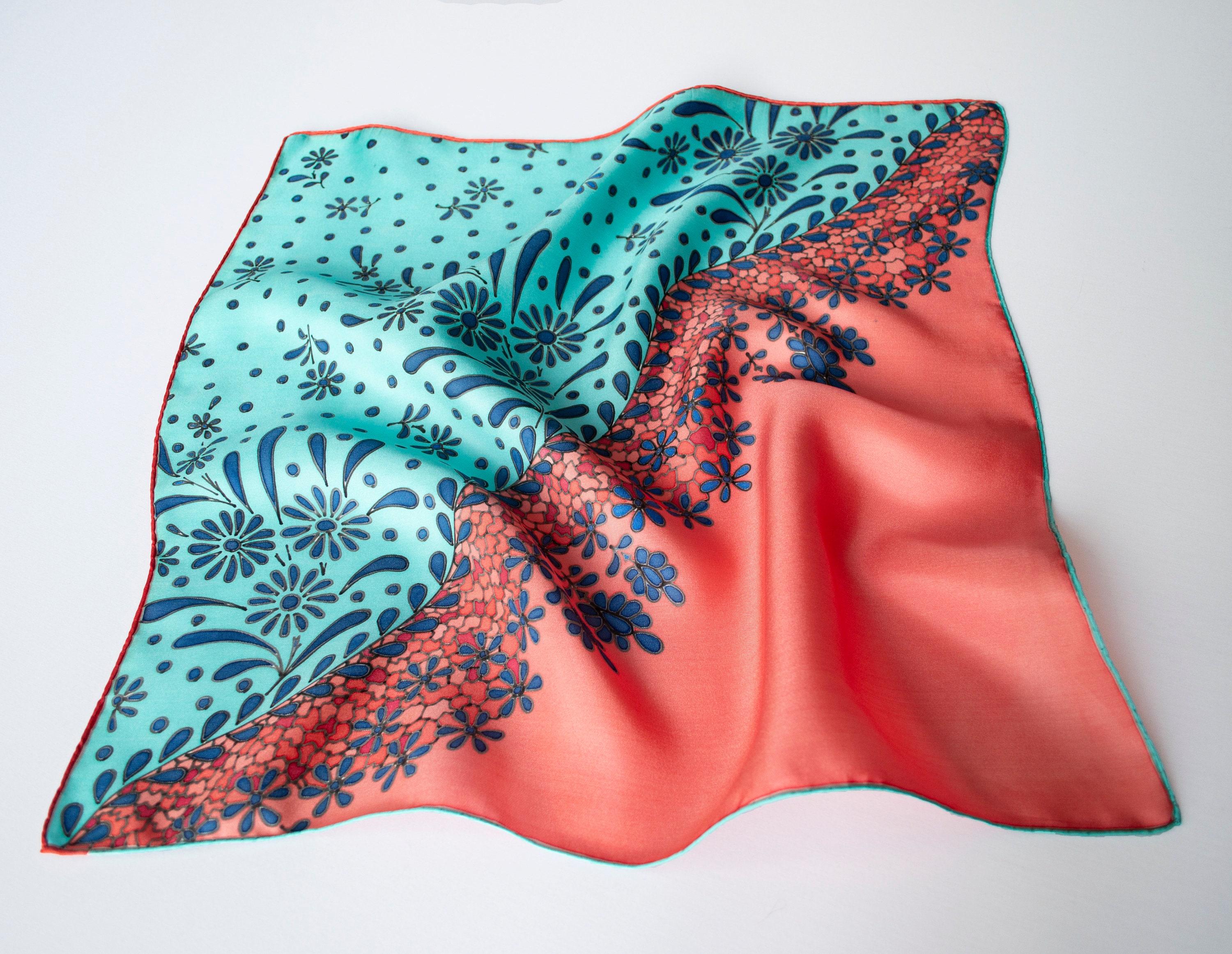 Hand Painted Small Square Neck Silk Twill Scarf Blue and Pink - Etsy