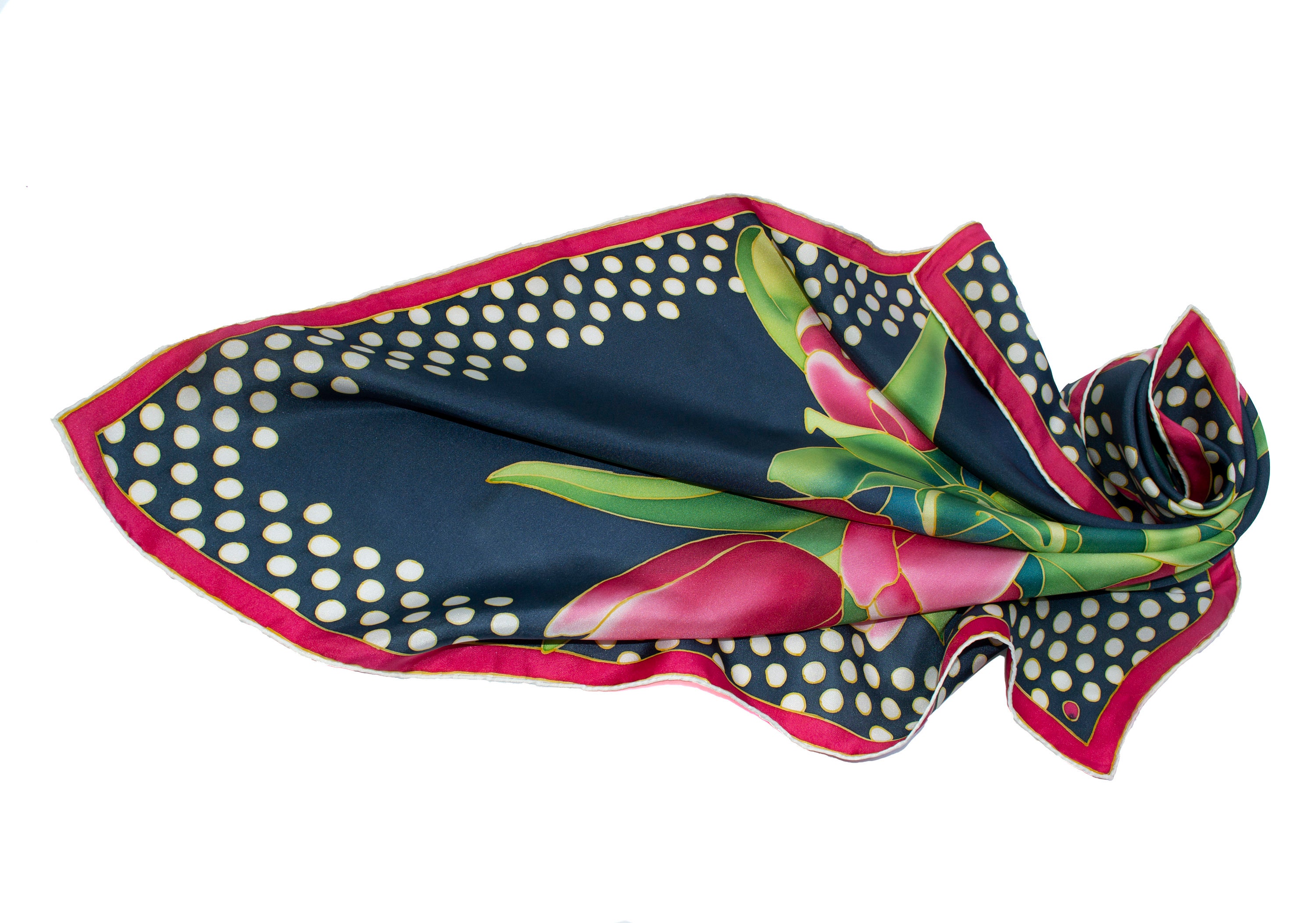 Hand Painted Navy Blue Silk Square Neck Scarf With Tulips and Polka Dot ...