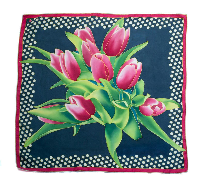 Hand Painted Navy Blue Silk Square Neck Scarf With Tulips and Polka Dot ...