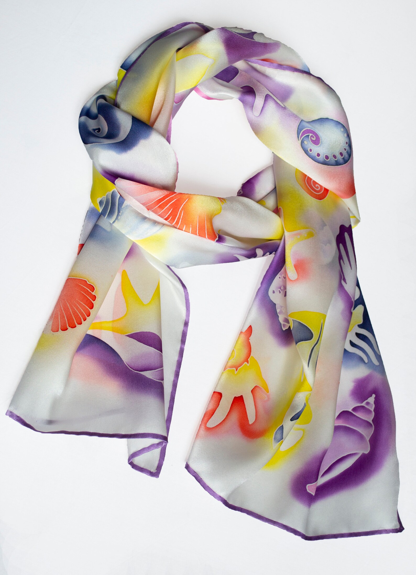Hand Painted Long Silk Scarf With Seashells and Fishes, White and ...