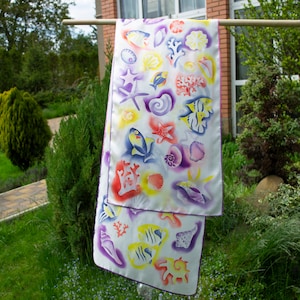Hand Painted Long Silk Scarf With Seashells and Fishes, White and ...