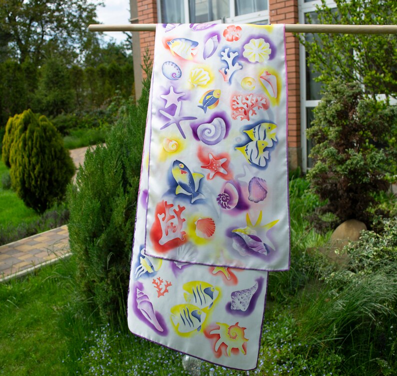 Hand Painted Long Silk Scarf With Seashells and Fishes, White and ...