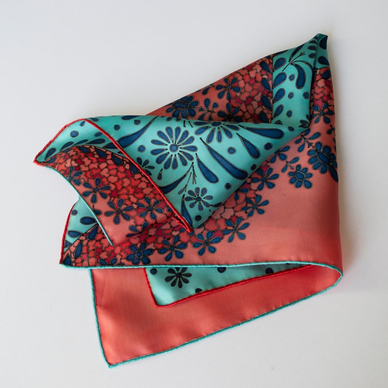 Hand Painted Small Square Neck Silk Twill Scarf Blue and Pink - Etsy