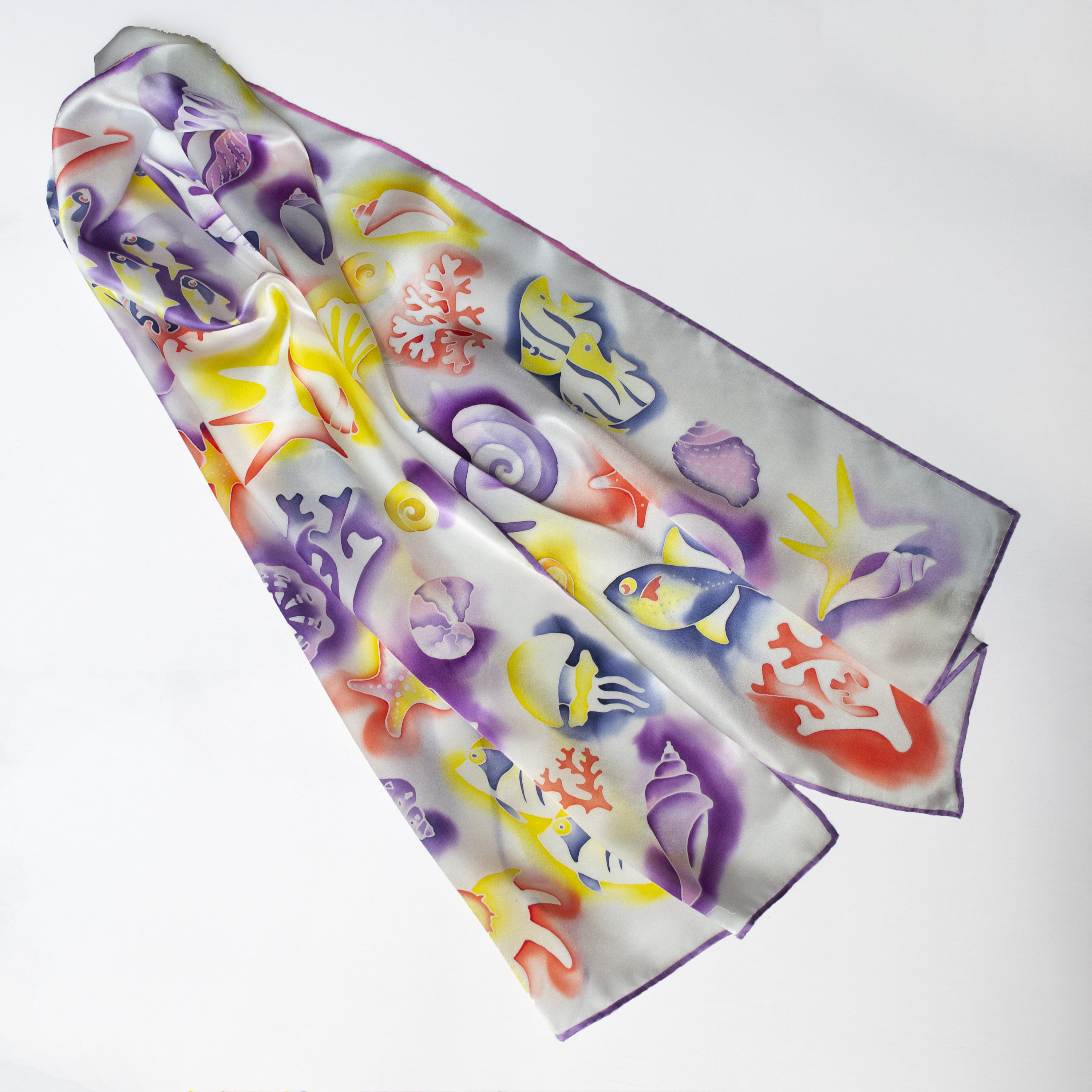 Hand Painted Long Silk Scarf With Seashells and Fishes, White and ...