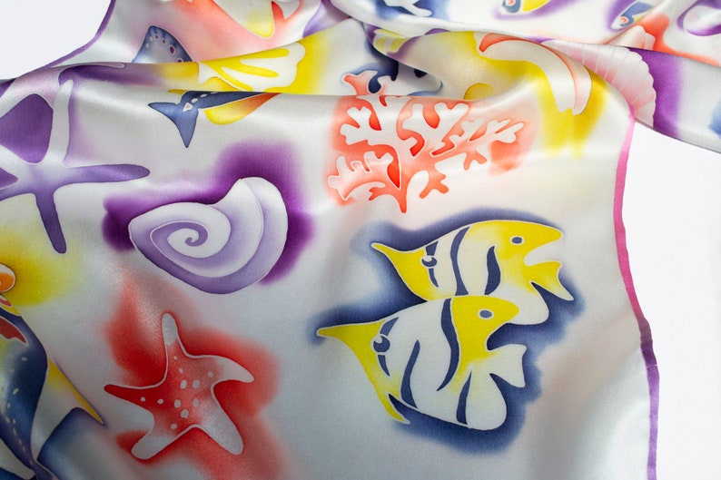 Hand Painted Long Silk Scarf With Seashells and Fishes, White and ...