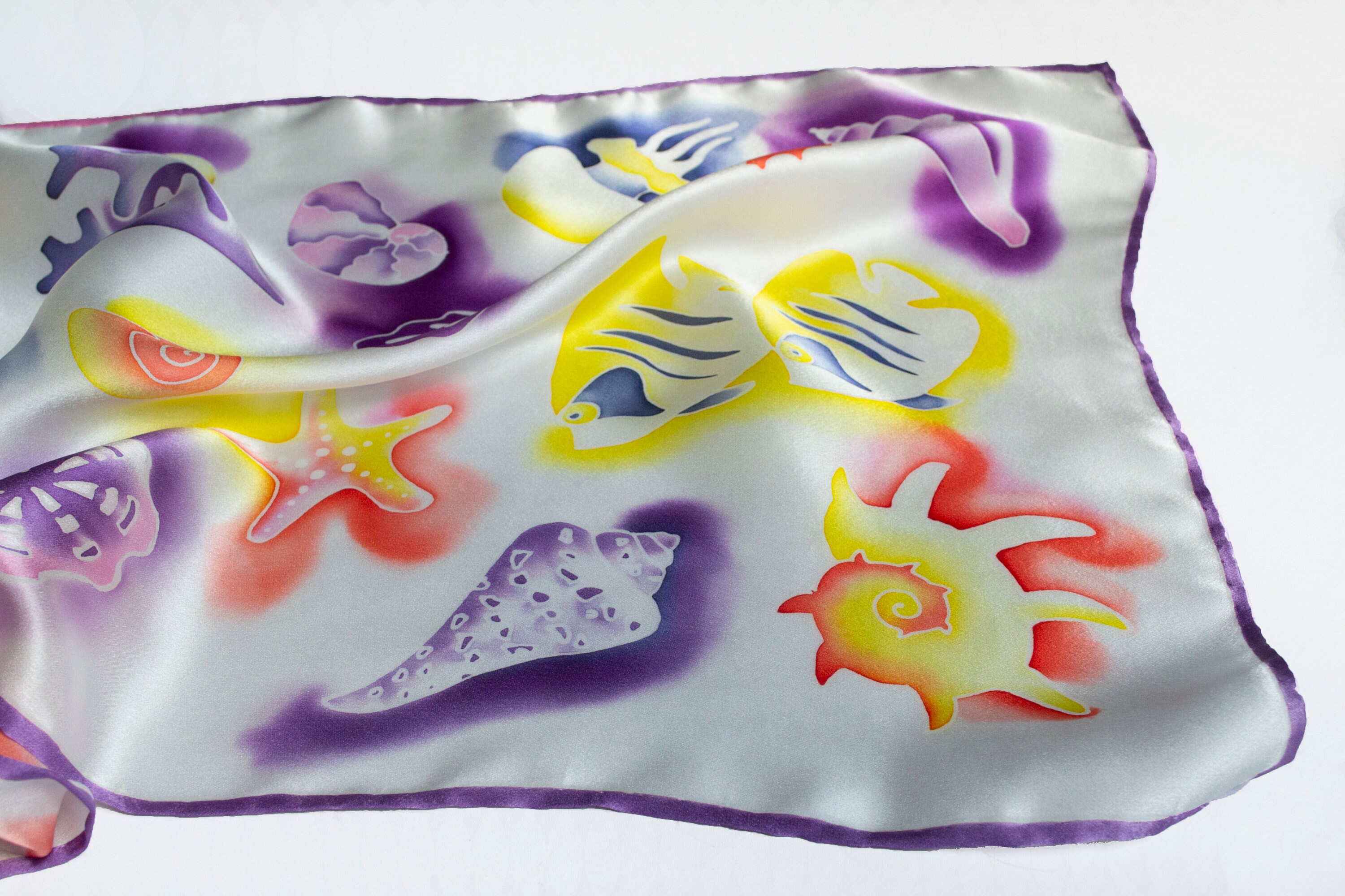 Hand Painted Long Silk Scarf With Seashells and Fishes, White and ...
