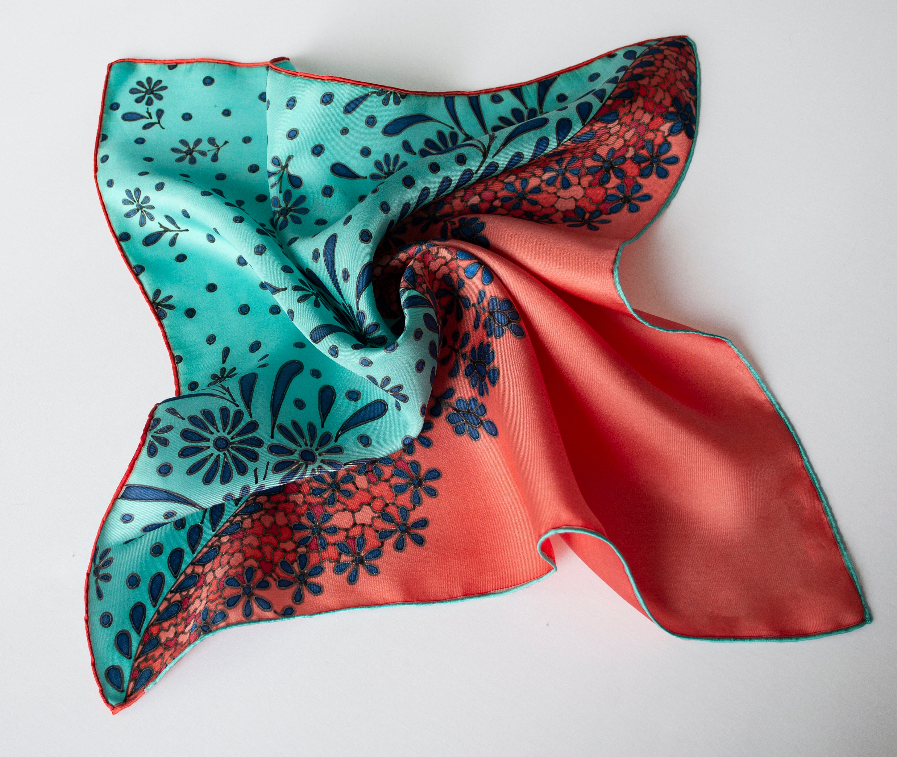 Hand Painted Small Square Neck Silk Twill Scarf Blue and Pink - Etsy