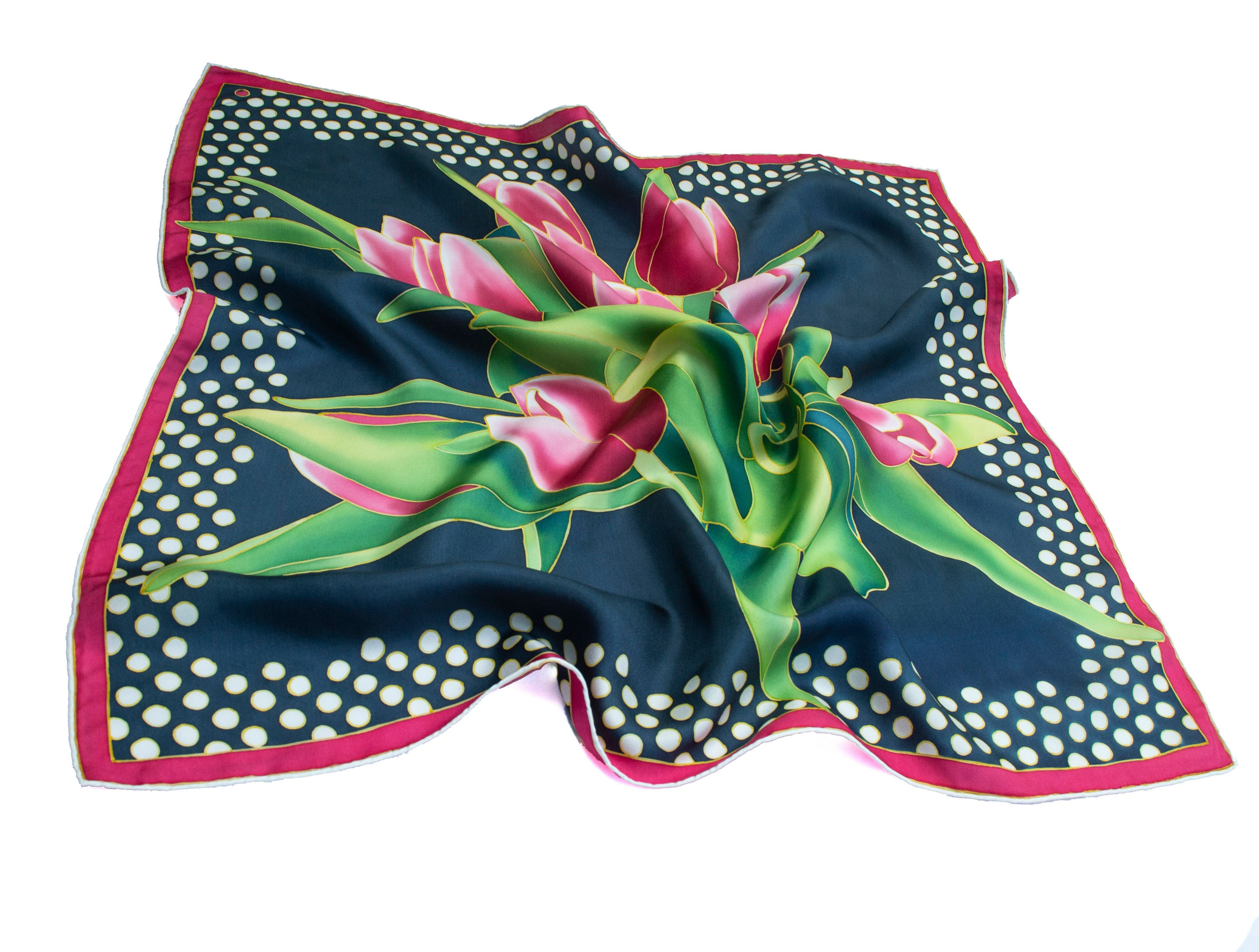Hand Painted Navy Blue Silk Square Neck Scarf With Tulips and Polka Dot ...