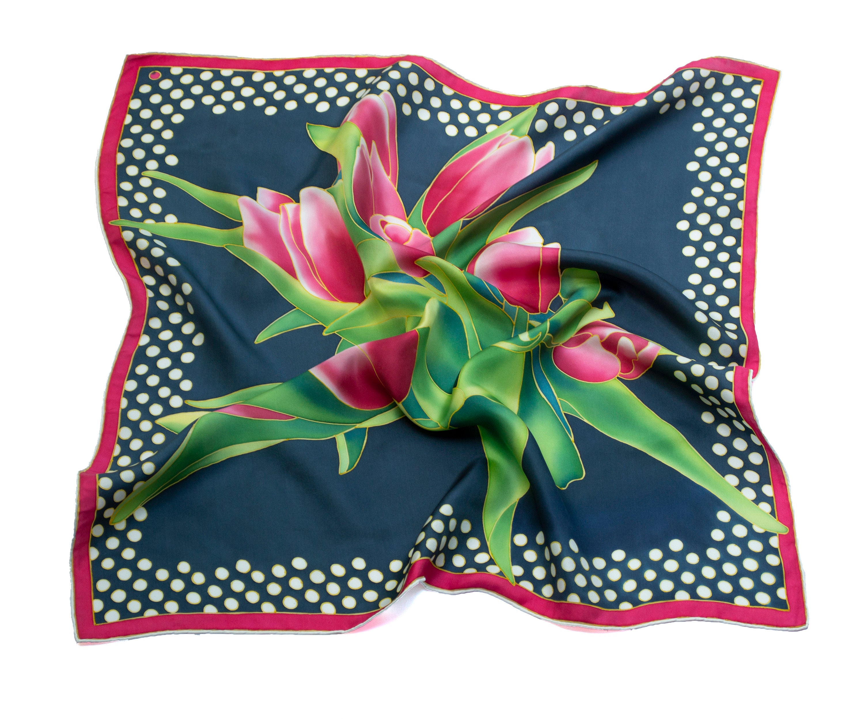 Hand Painted Navy Blue Silk Square Neck Scarf With Tulips and Polka Dot ...