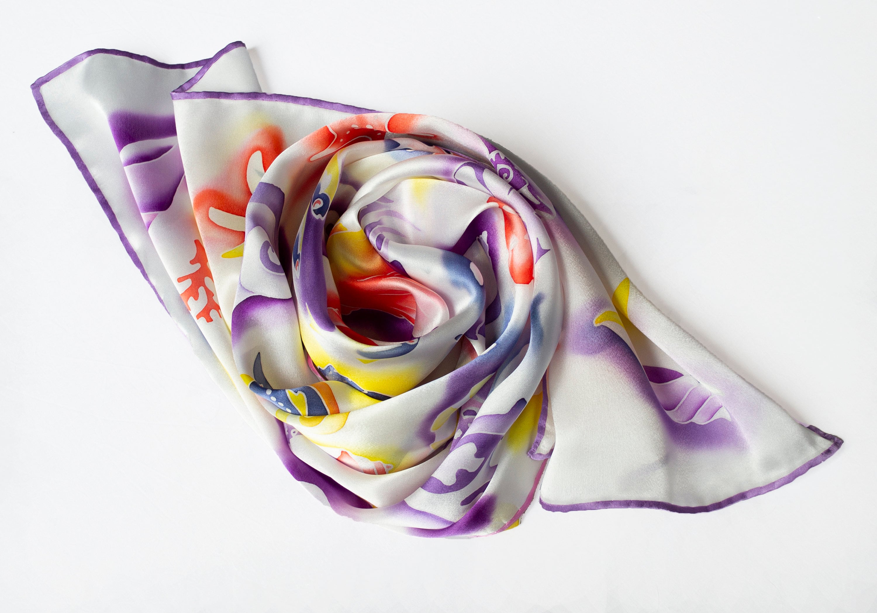 Hand Painted Long Silk Scarf With Seashells and Fishes, White and ...
