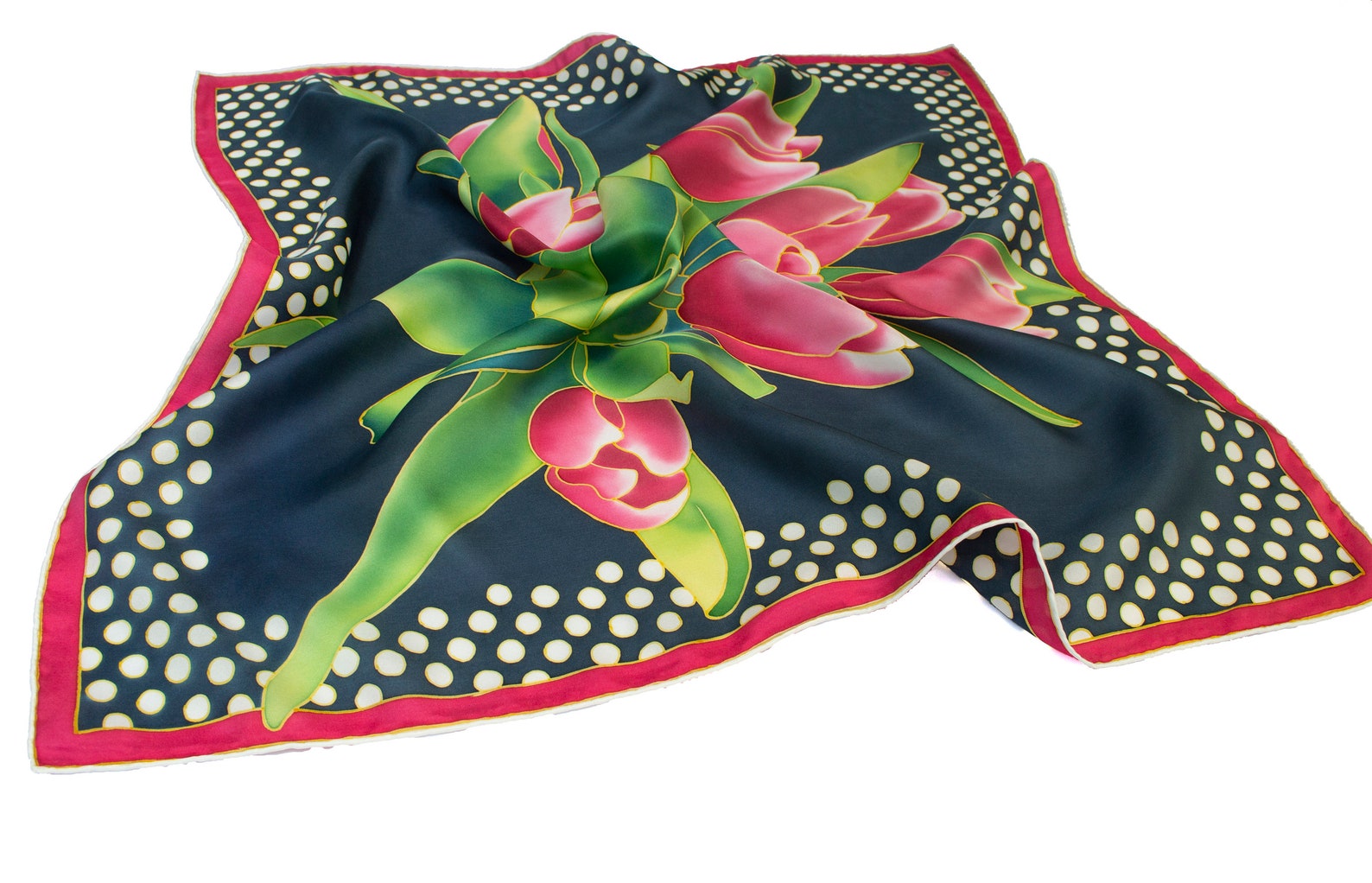 Hand Painted Navy Blue Silk Square Neck Scarf With Tulips and Polka Dot ...