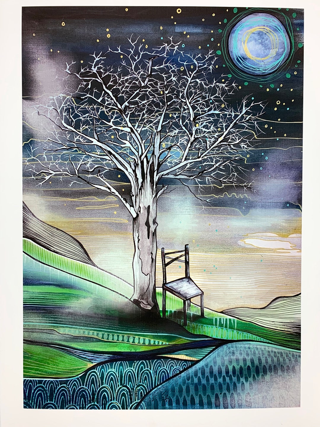 Dreamy Moon Art Print / Moonlit Landscape / Ink and - Etsy