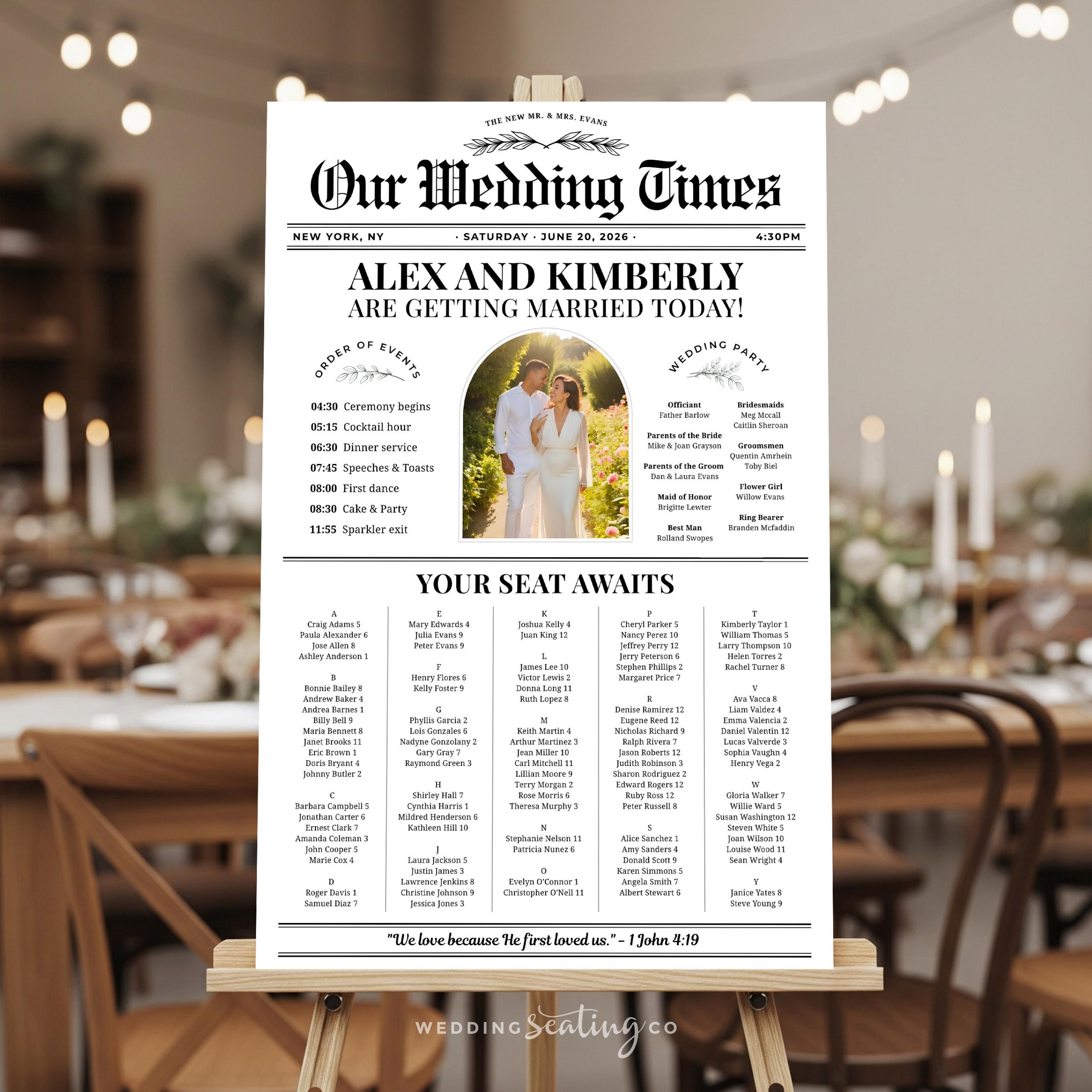Newspaper Wedding Seating Chart - Custom Digital PDF, Vintage News ...