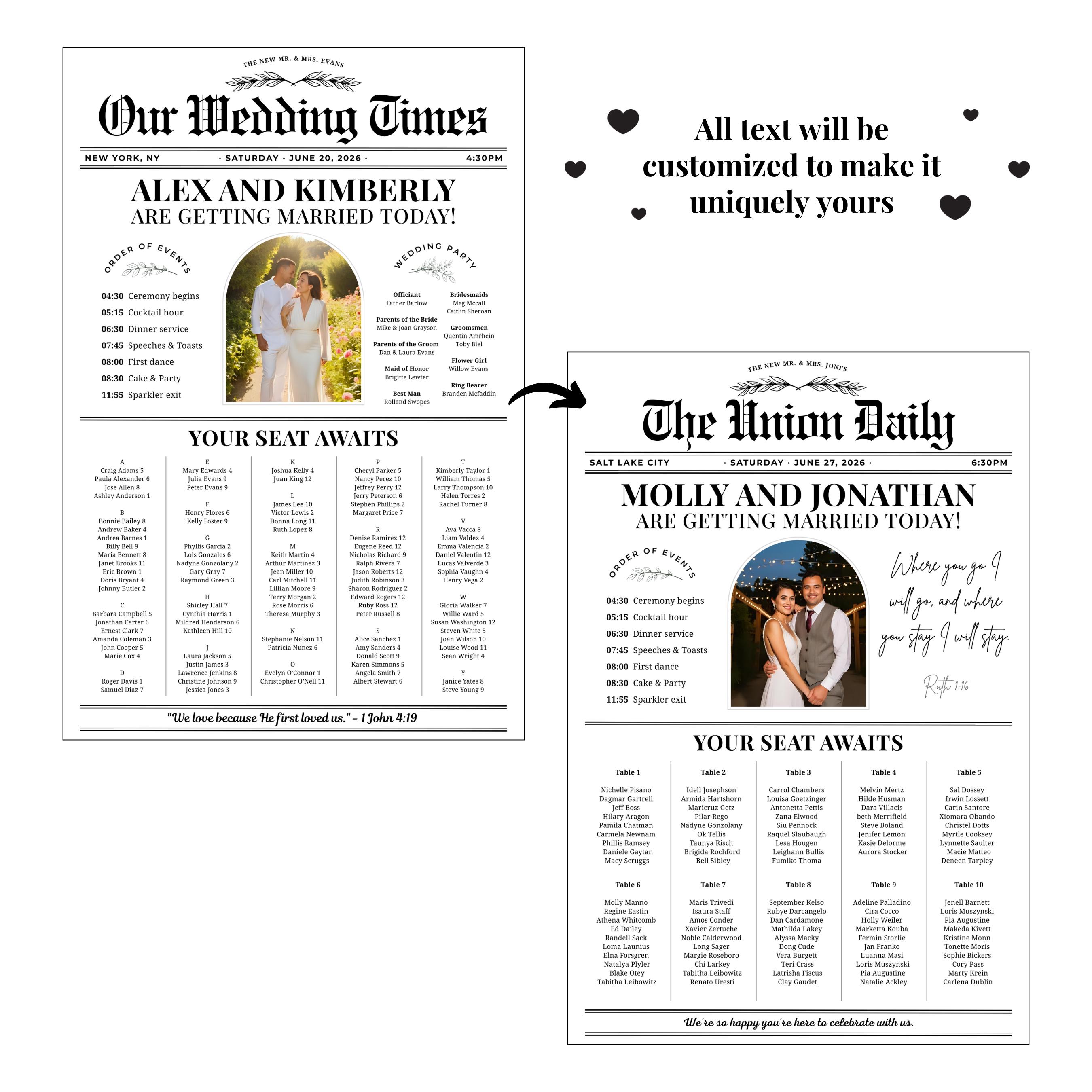 Newspaper Wedding Seating Chart - Custom Digital PDF, Vintage News ...