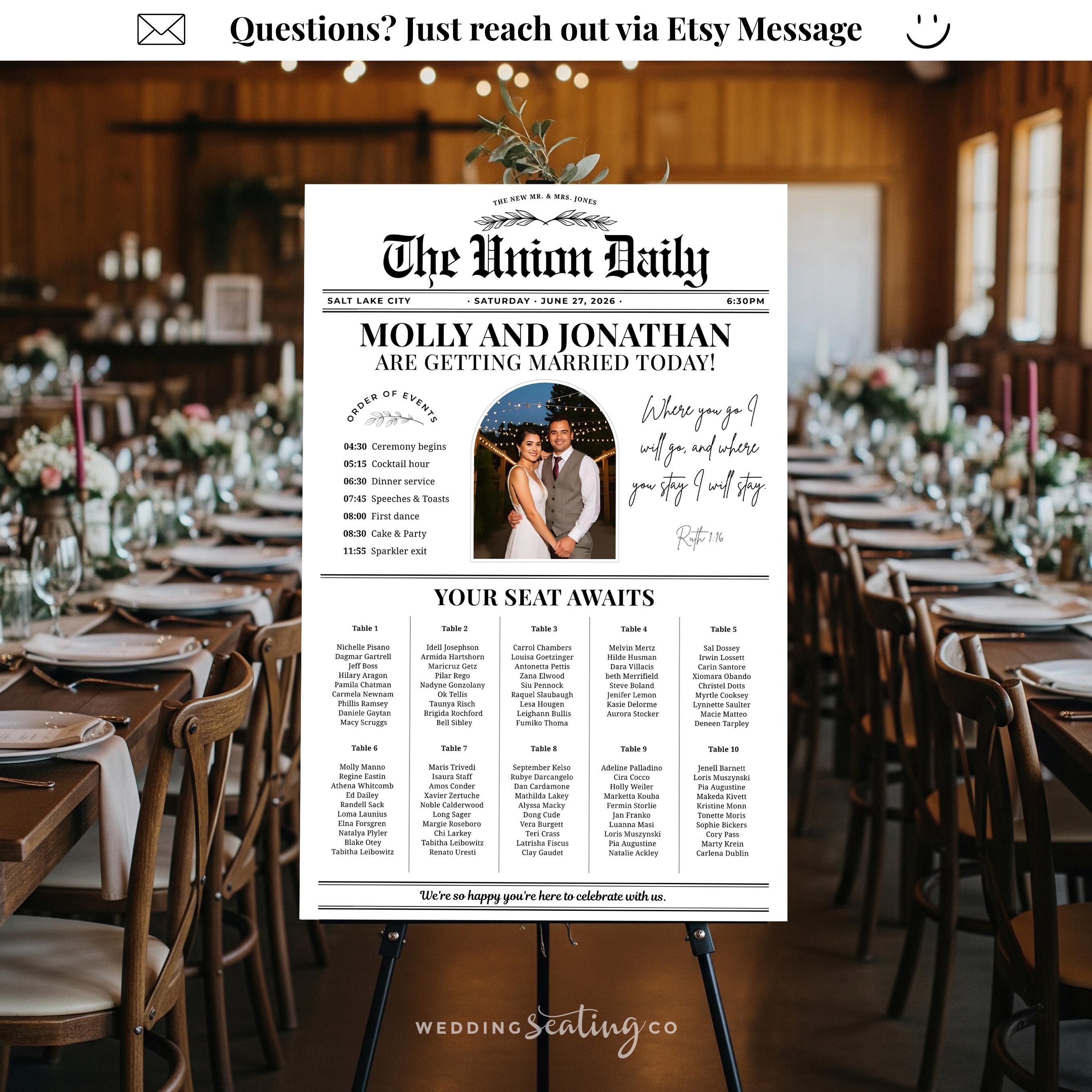Newspaper Wedding Seating Chart - Custom Digital PDF, Vintage News ...