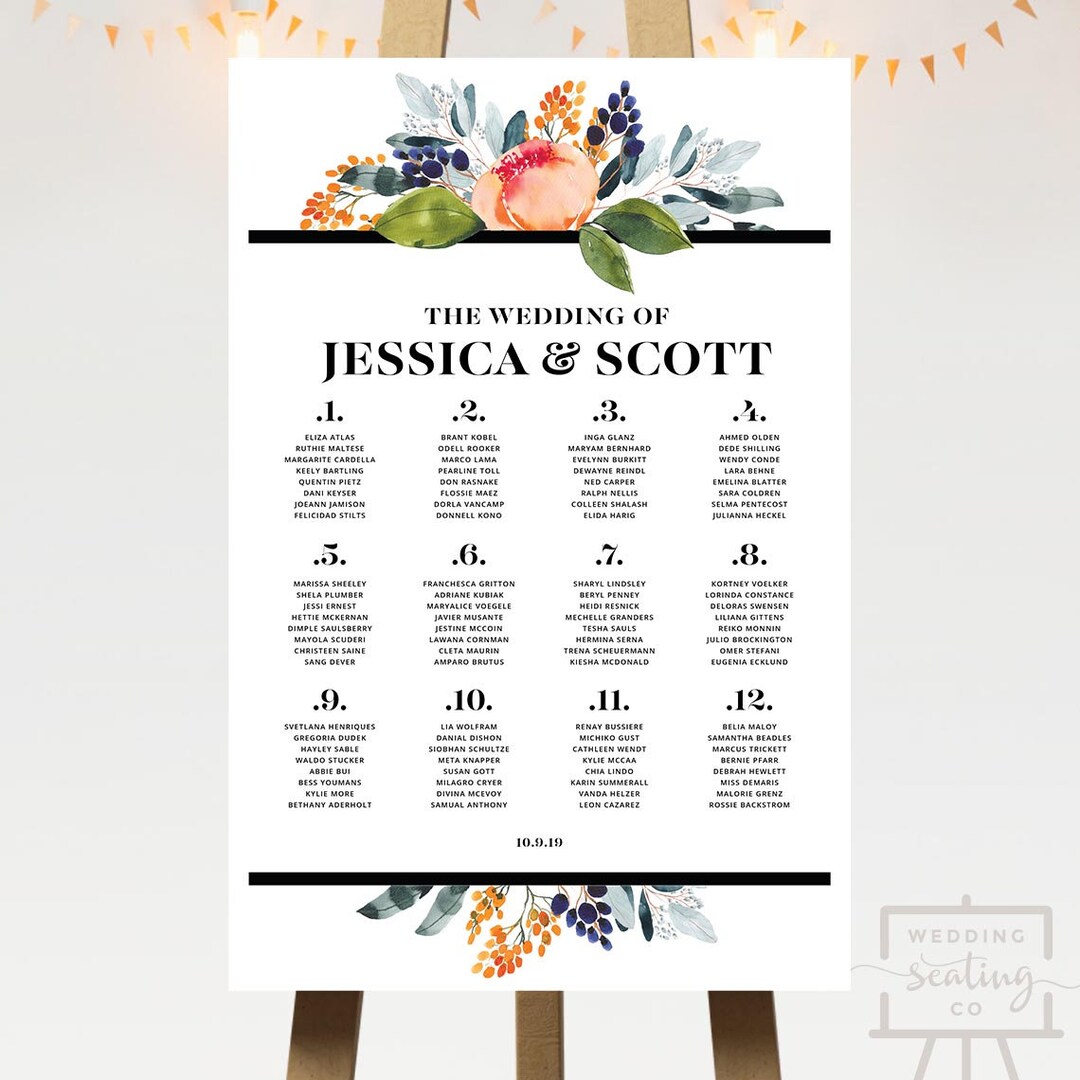 Printable Seating Chart Sign Floral Spring Flowers Watercolor Colorful ...
