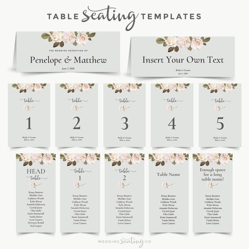 Table Name Cards Printable Templates Floral Wedding Neutral Pink ...