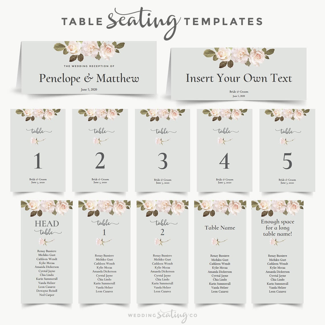 Table Name Cards Printable Templates Floral Wedding Neutral Pink ...