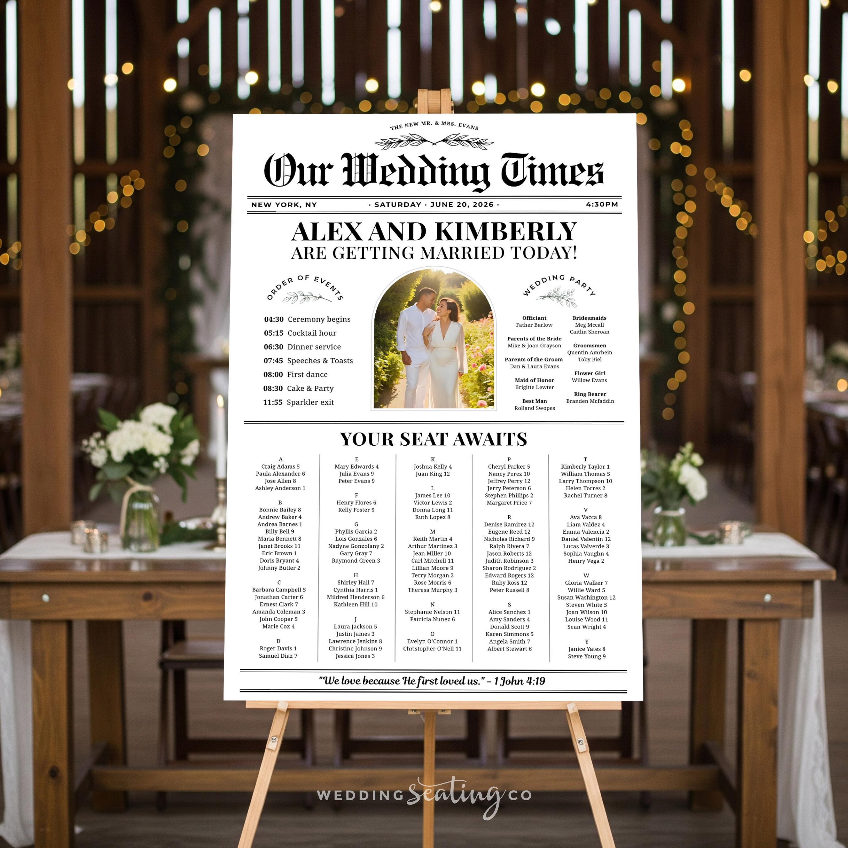 Newspaper Wedding Seating Chart - Custom Digital PDF, Vintage News ...