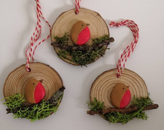 Pack of 3 Wooden Log Slices - Robin Tree Decorations or Christmas Gift ...