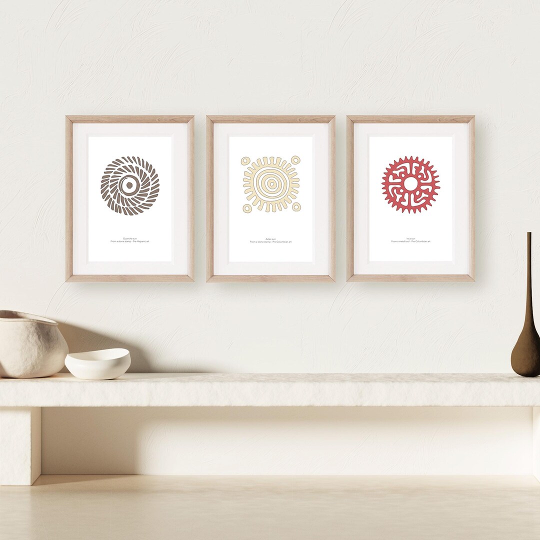 Tribal Art Set of 3, Suns Print Set, Indigenous Wall Art, Guanche, Inca ...