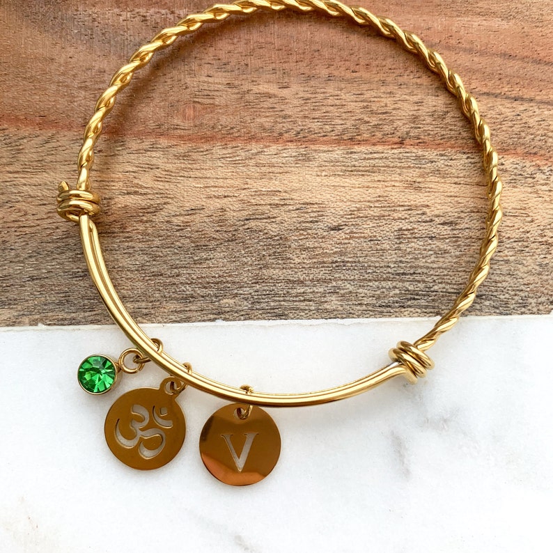 OM Bracelet, Ohm Bangle Bracelet, OM Birthstone Bracelet, Birthstone Om ...