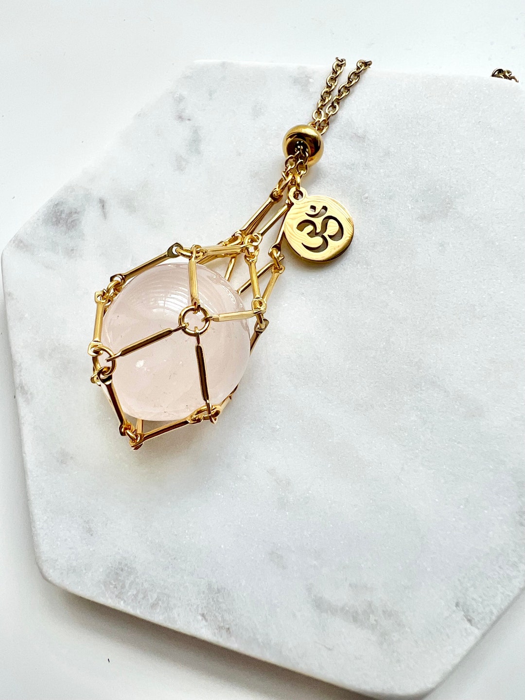 Large OM Gold Gem Holder Necklace, Ohm Necklace , 18k Gold Plated ...