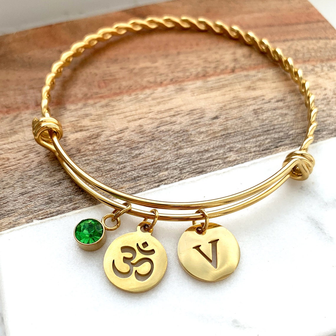 OM Bracelet, Ohm Bangle Bracelet, OM Birthstone Bracelet, Birthstone Om ...
