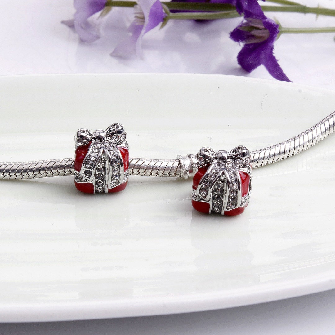 3D Red Enameled Present Gift Box With Bow Charm for Bracelet Making ...