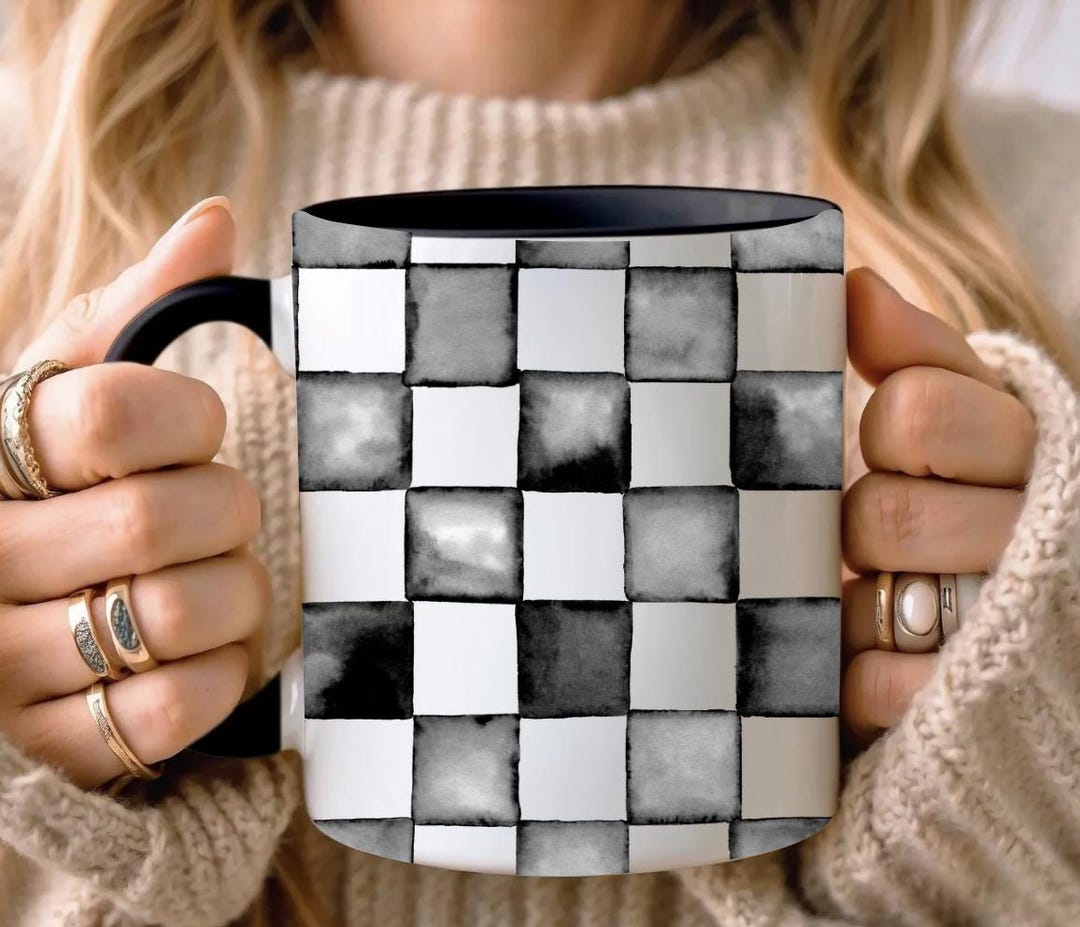 Black Checked Design 15 Oz Ceramic Checker Coffee Mug, Black Handle and ...