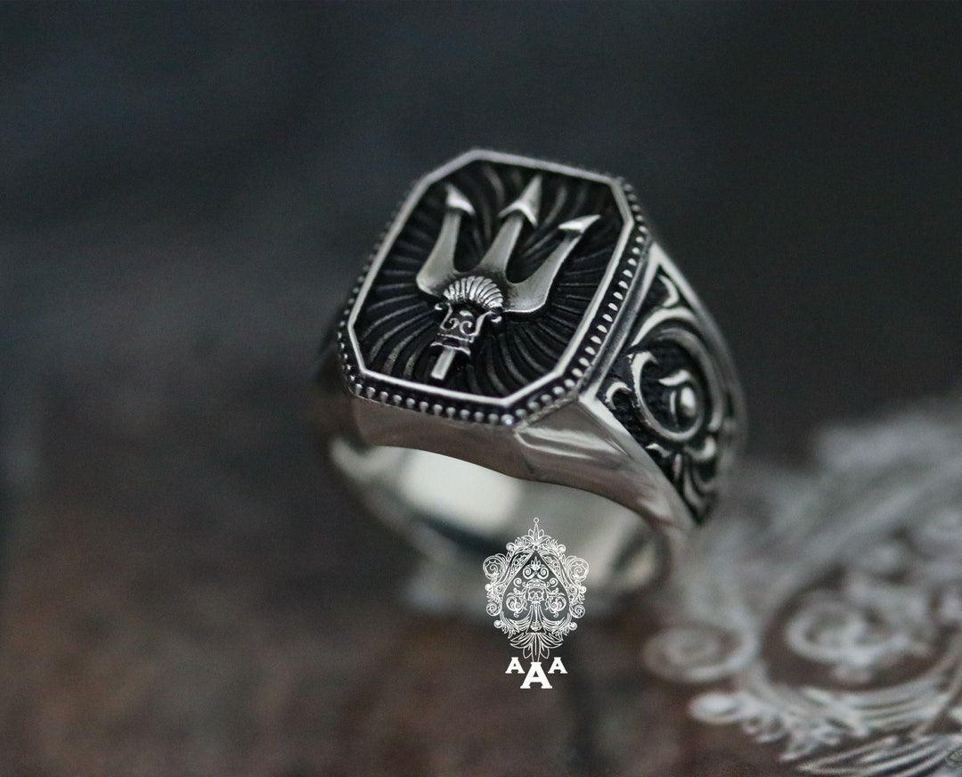 Poseidon Trident Cushion Signet Ring Sterling Silver 925 Ring - Etsy