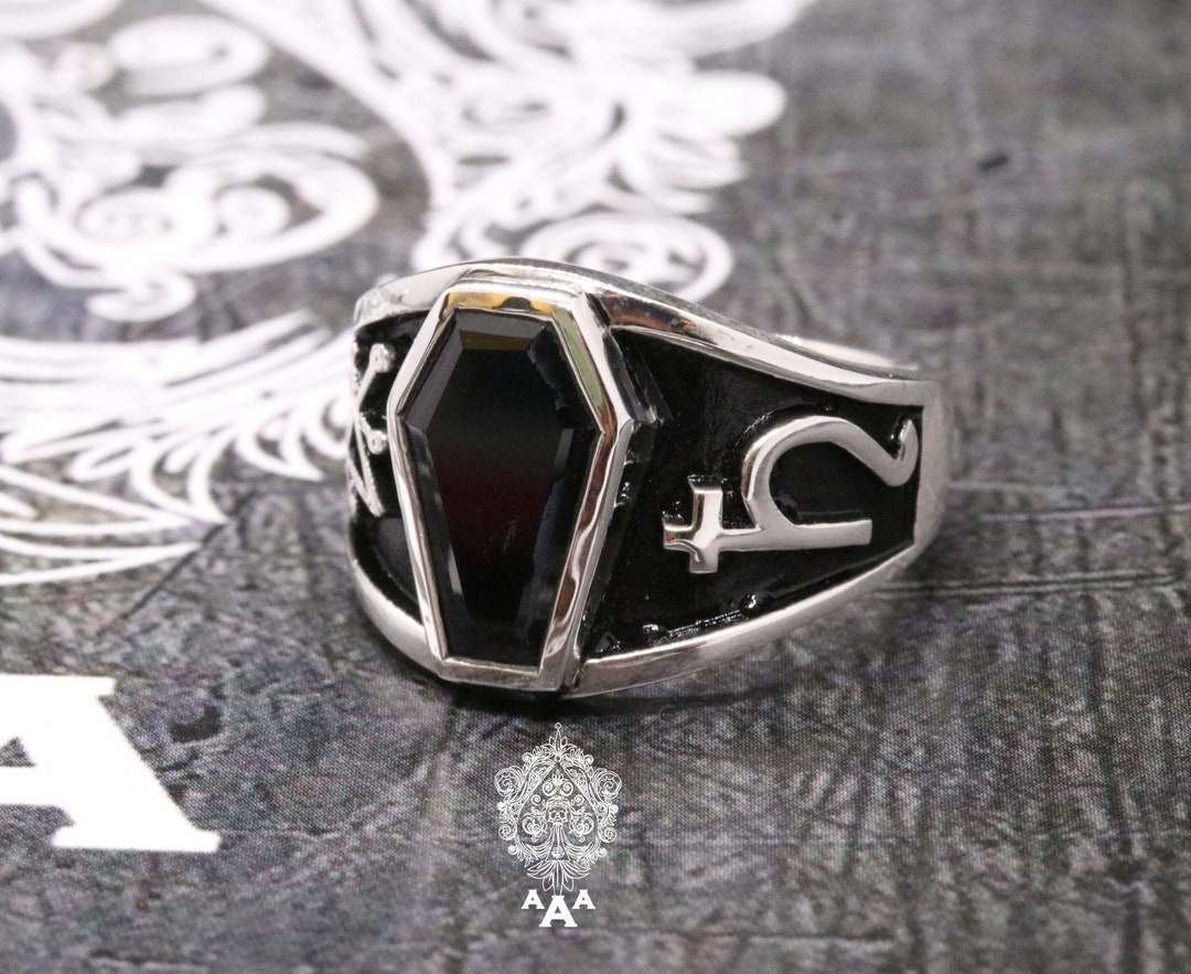 Silver Onyx Ring Coffin Shape Onyx With AZAZEL and SATURN Symbol Azazel ...