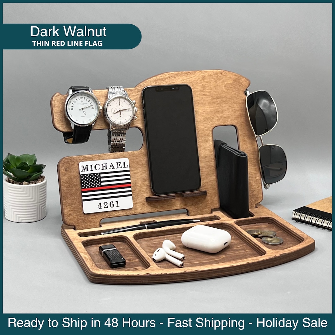 Phone Stand With Thin Red Line - Firefighter Gift for Him, Wood Docking ...