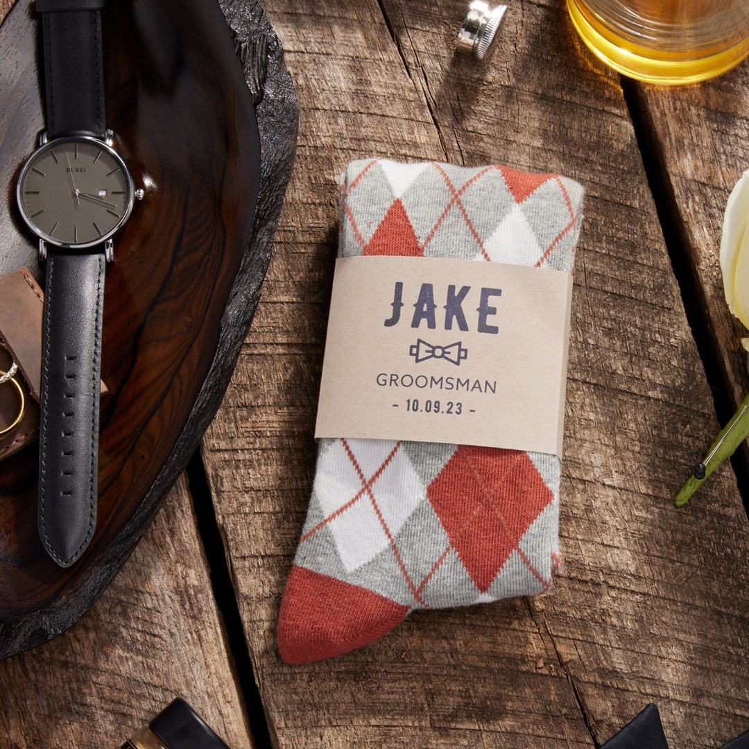 Personalized Burnt Orange Groomsmen Socks With Custom Labels, Rust Orange Argyle Groomsmen Gift ...